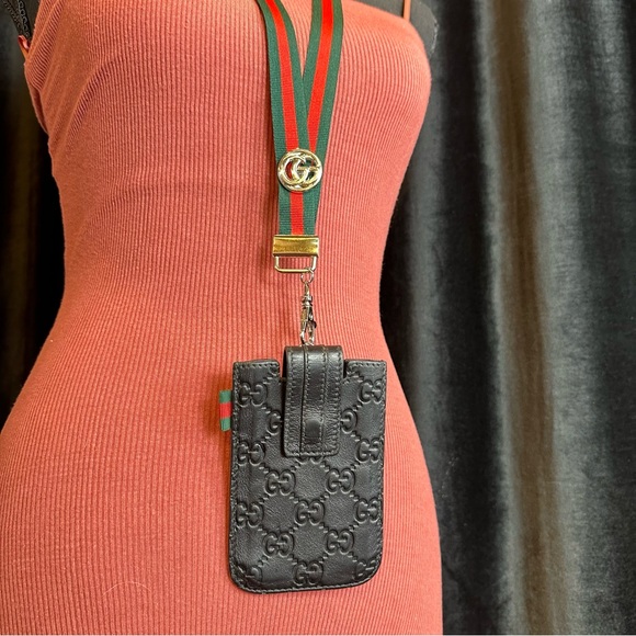 Gucci | Accessories | Gucci Black Leather Micro Gg Card Case Id Lanyard ...